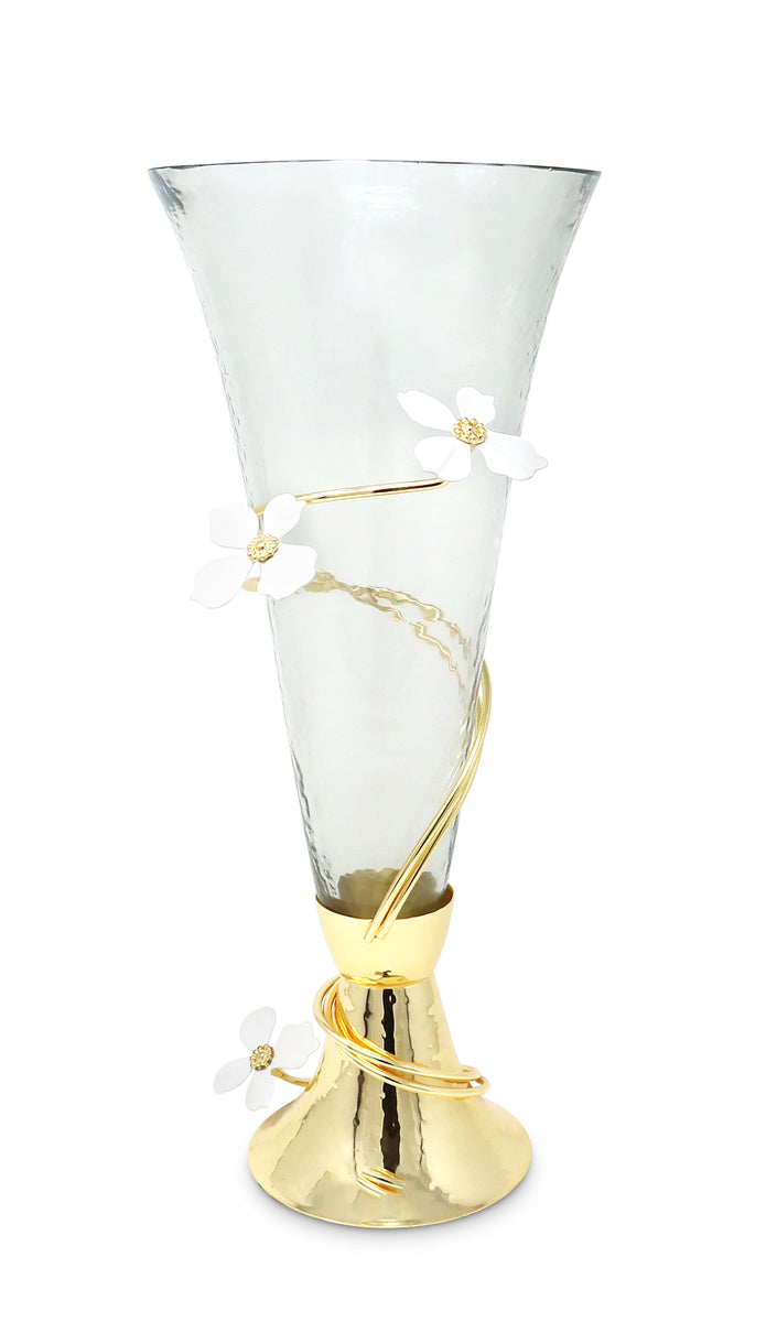 Gold Base Glass Vase With Jewel Flower Design, 16"H – Classic Touch Decor