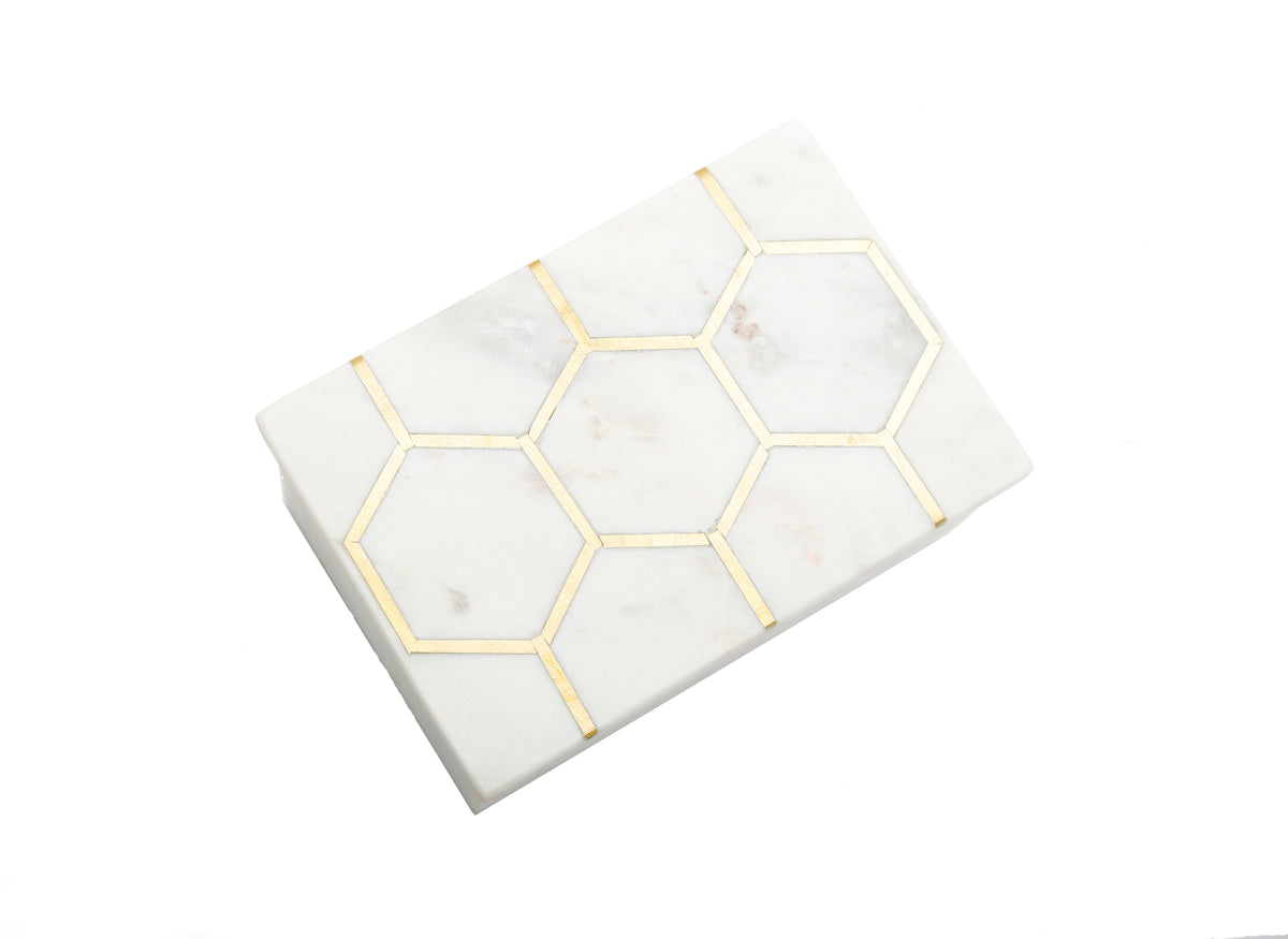 White Marble Decorative Box W/ Gold Hexagon Design On cover – Classic ...