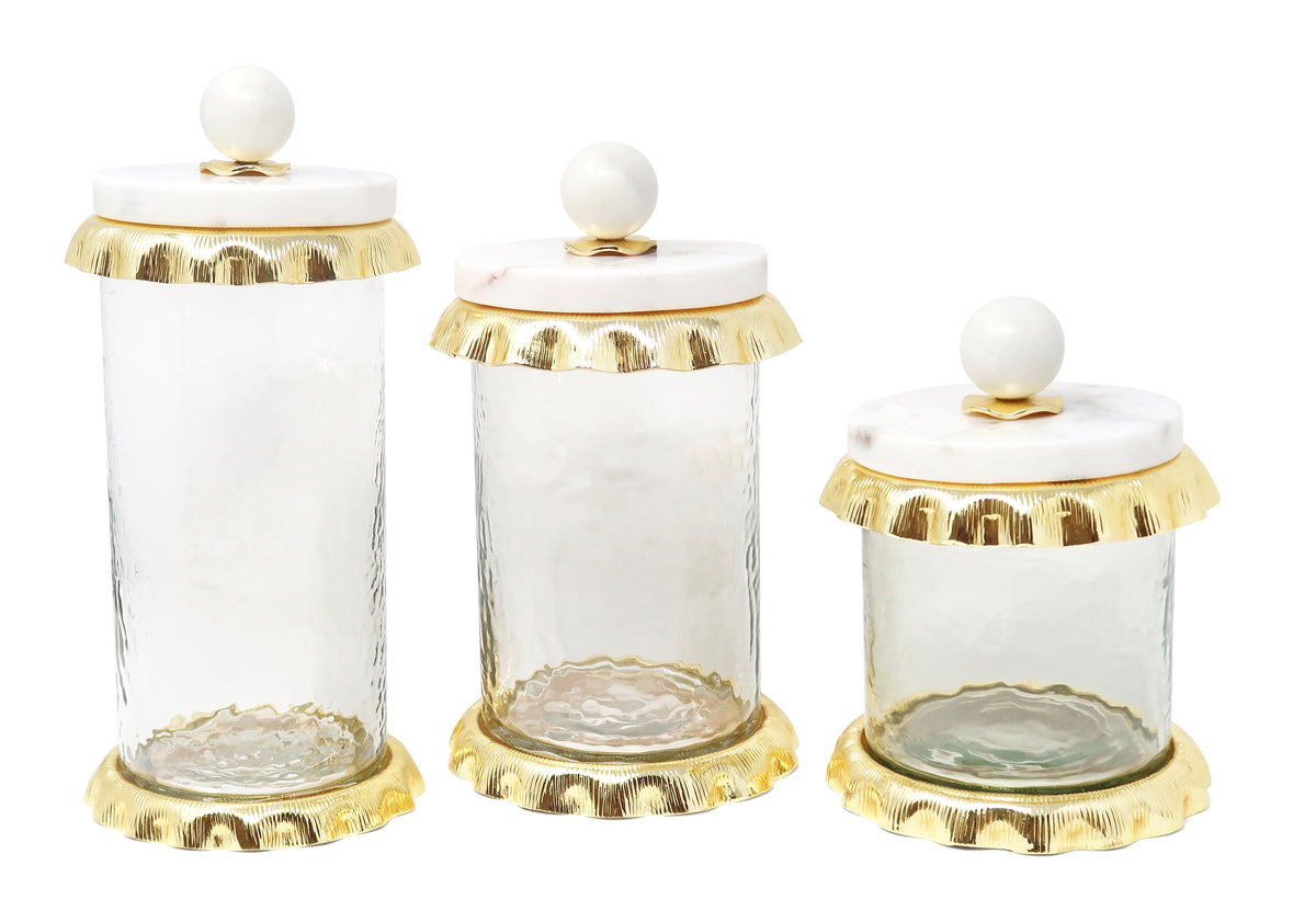 Hammered Glass Canister with Lined Ruffle and Marble Lid – Classic ...