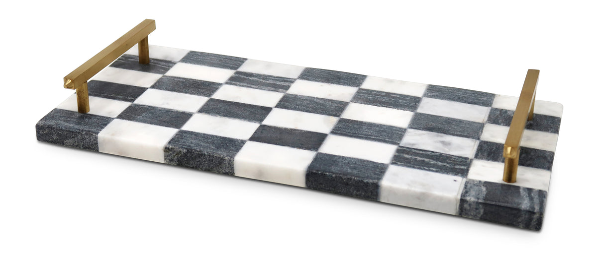 Marble Tray with Gold Handles White and Black Checked – Classic Touch Decor