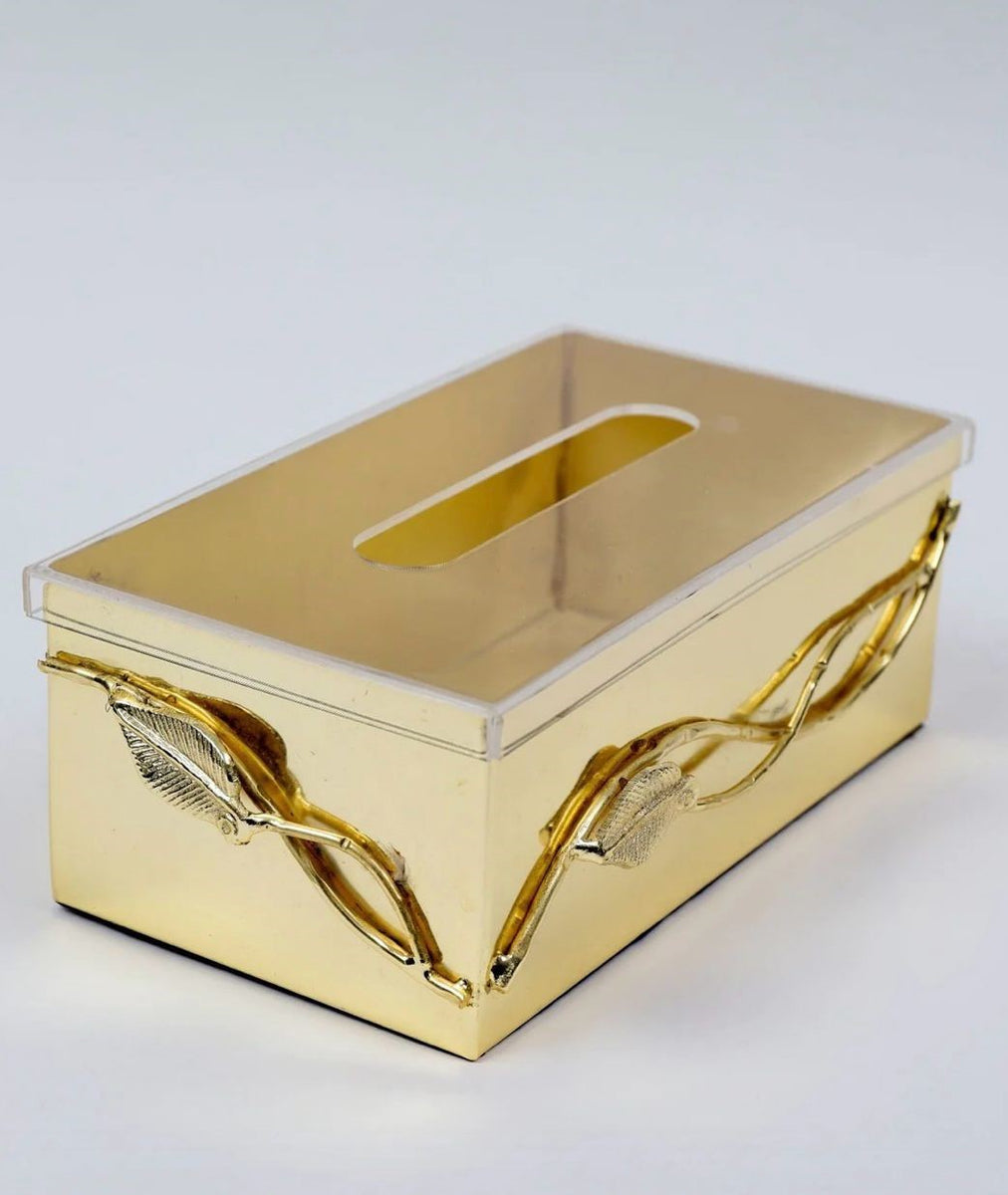 Gold Tissue Box with Leaf Design and Clear Cover – Classic Touch Decor