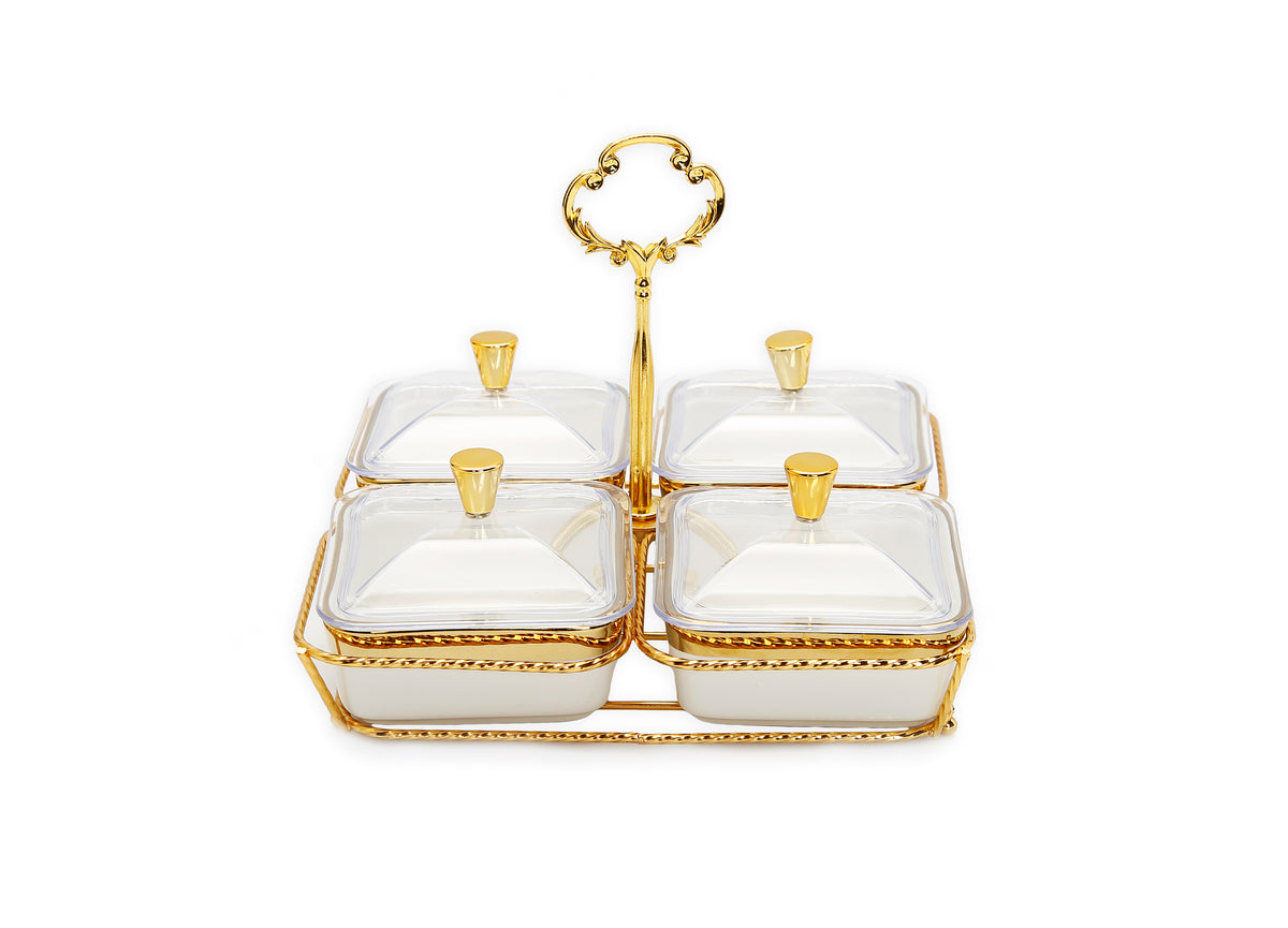 White Porcelain 4 Bowl Relish Dish on Gold Base - 8" – Classic Touch Decor