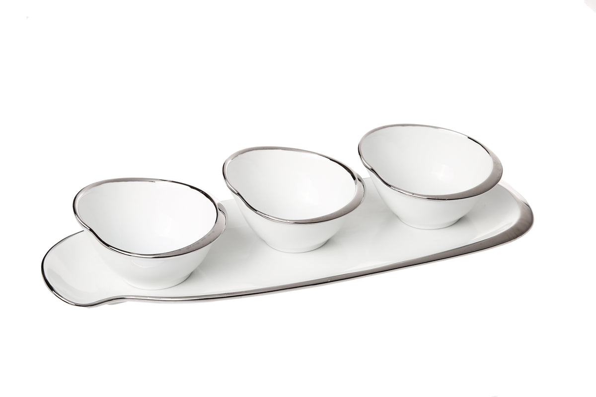 White Ceramic Rectangular Tray with 3 Bowls with Silver Border ...